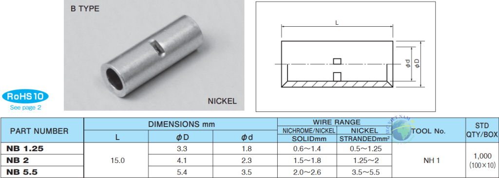 Đầu cốt nối thẳng chịu nhiệt độ cao NICHIFU (Loại N) - IEC Việt Nam